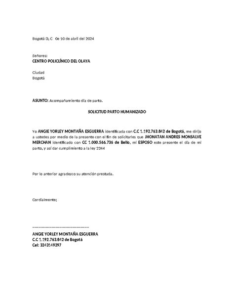 Solicitud Parto Humanizado Bogotá D C 0e 10 de abril del 2024