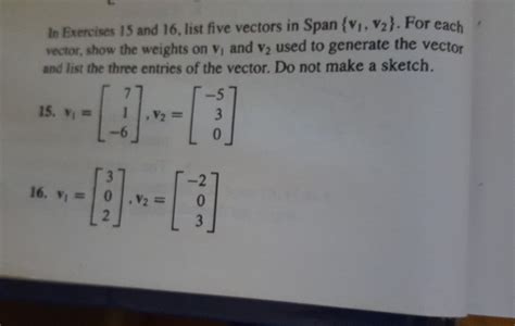 solved list five vectors in span {v 1 v 2} for each