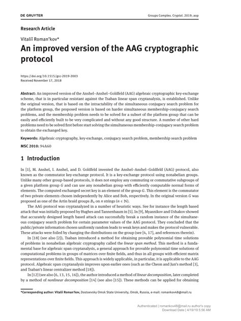 pdf an improved version of the aag cryptographic protocol
