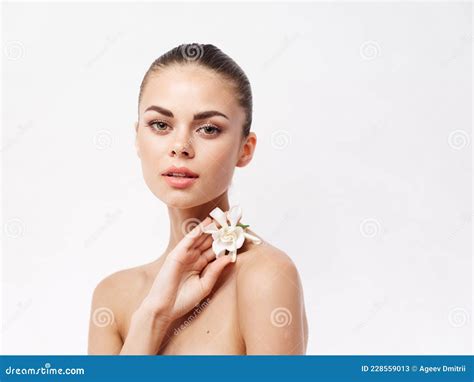 Beautiful Woman Naked Shoulders White Flower Clear Skin Studio Stock