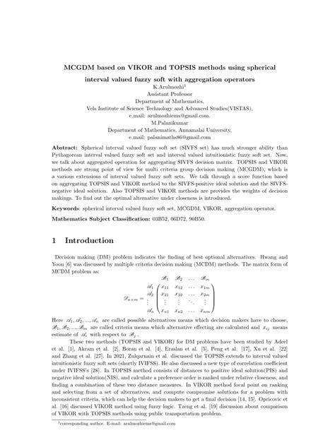 pdf mcgdm based on vikor and topsis methods using spherical interval valued fuzzy soft with