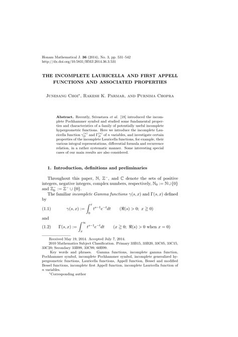 pdf the incomplete lauricella and first appell functions and associated properties