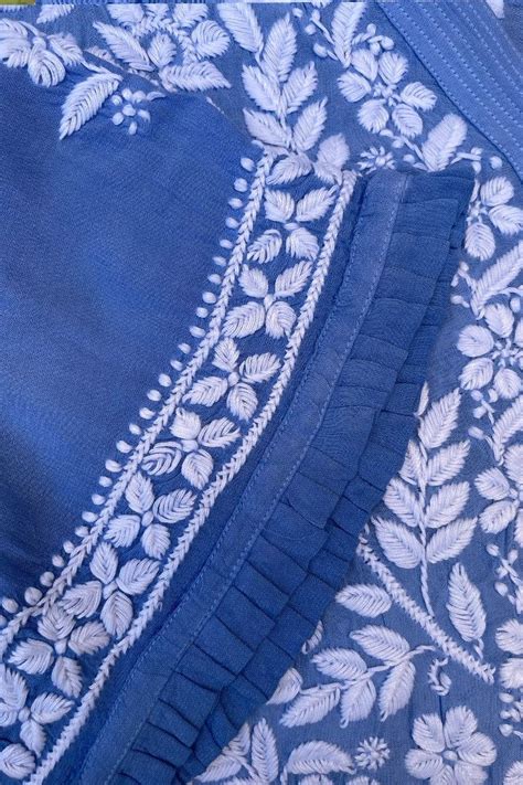 Blue Lucknowi Chikankari Muslin Kaj Patti Frill Straight Kurta