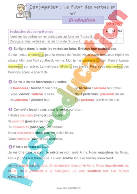 Le futur des verbes en er Évaluation de conjugaison pour le ce1