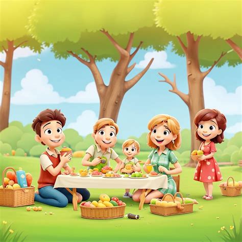 Escena De Picnic Con Familia Feliz En El Estilo De Animaci N D De