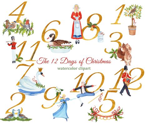 The Days Of Christmas Watercolor Png Clipart With Gold Numbers For
