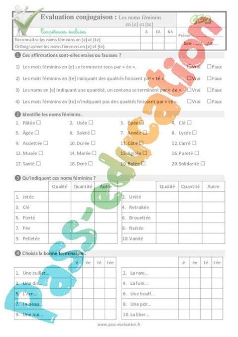 Les noms féminins en e et te au CE2 Evaluation QCM Quiz PDF