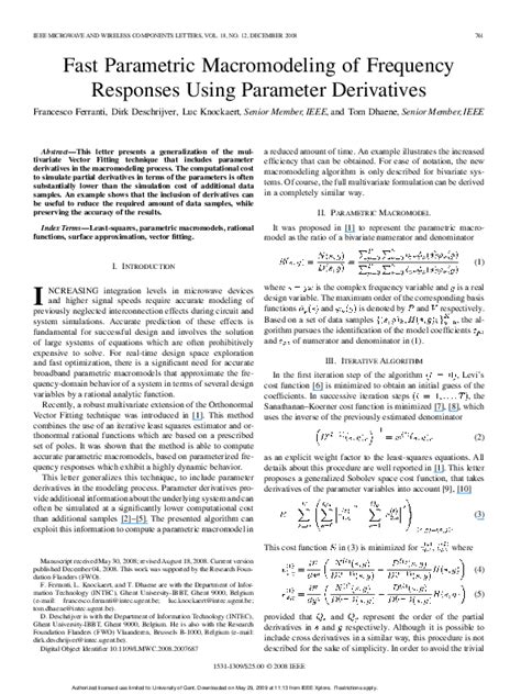 pdf fast parametric macromodeling of frequency responses using parameter derivatives tom