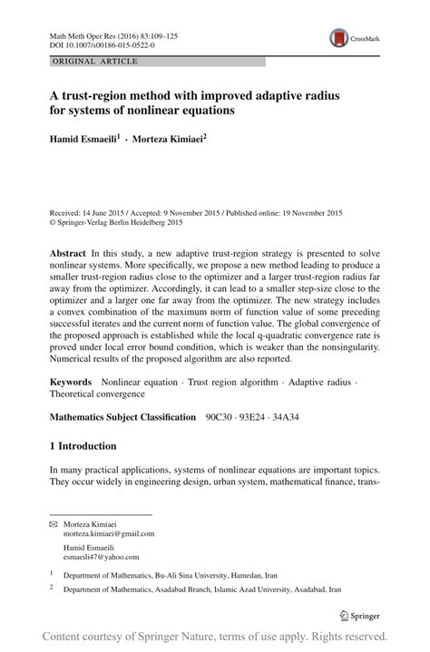 a trust region method with improved adaptive radius for systems of nonlinear equations request pdf