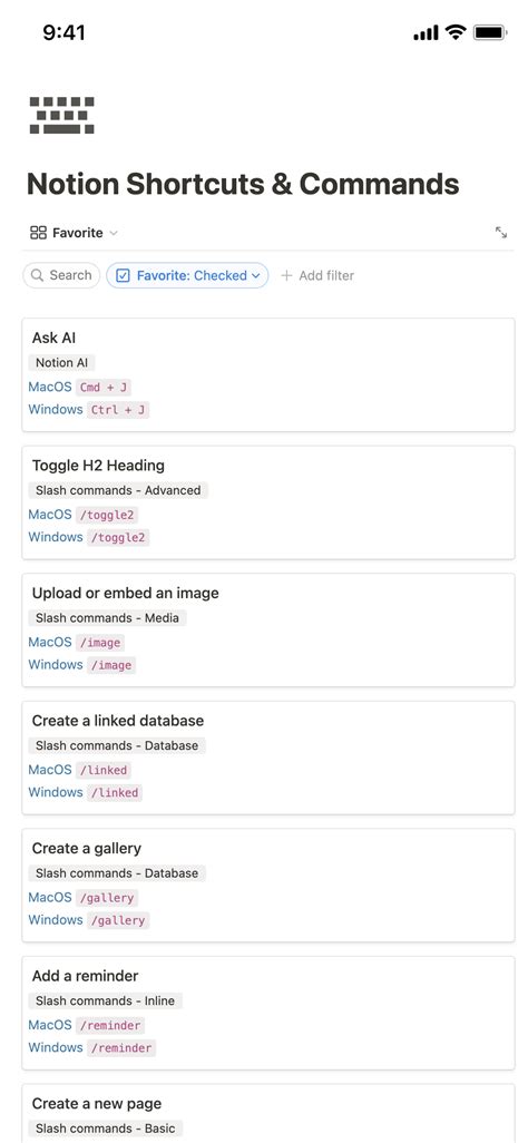 Notion Vorlagengalerie Notion Shortcuts Commands