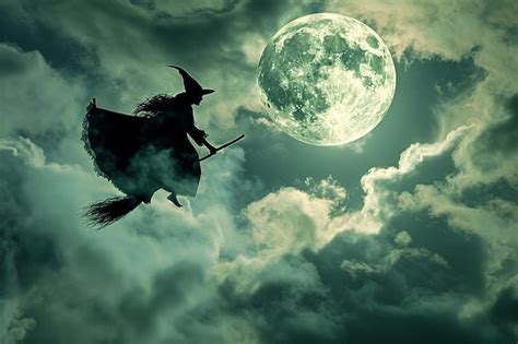 Witch Flying On A Broomstick With Full Moon Background Silhouetted
