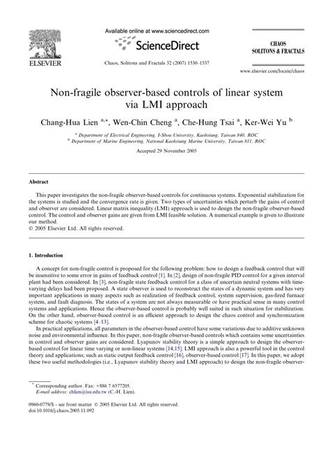 pdf non fragile observer based controls of linear system via lmi approach