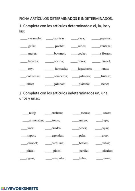 Ejercicio de Artículos determinados e indeterminados Actividades para