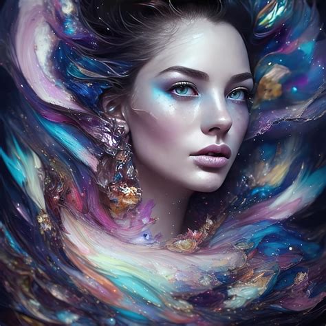 Una Mujer Con Ojos Azules Y Un Fondo Colorido Con Plumas En La Cara