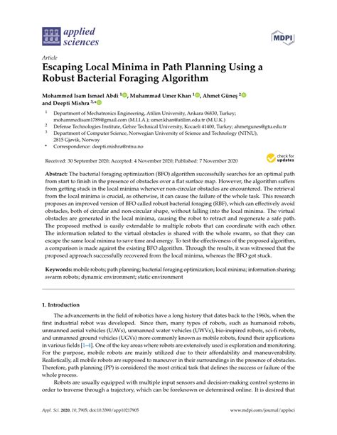 pdf escaping local minima in path planning using a robust bacterial foraging algorithm