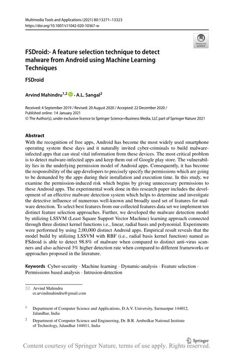 fsdroid a feature selection technique to detect malware from android using machine learning