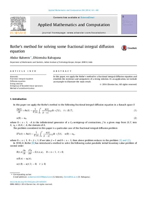 pdf rothe s method for solving some fractional integral diffusion equation abdur raheem