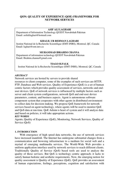 pdf qon quality of experience qoe framework for network services