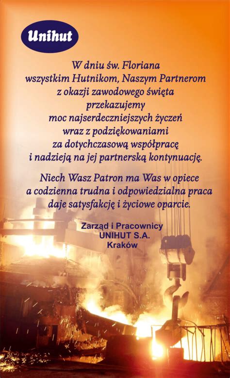 Życzenia z okazji Dnia Hutnika Unihut S A