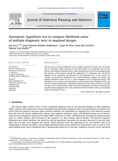 pdf asymptotic hypothesis test to compare likelihood ratios of multiple diagnostic tests in