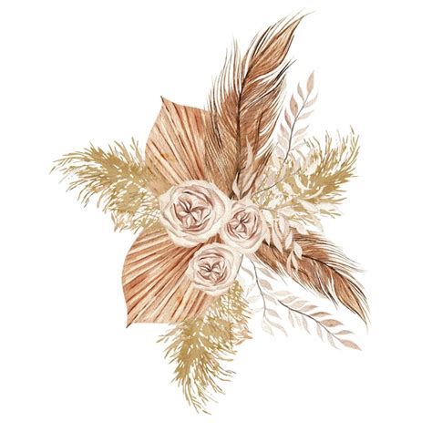 Ramo De Acuarela Con Flores Y Hojas Secas Boho Foto Premium