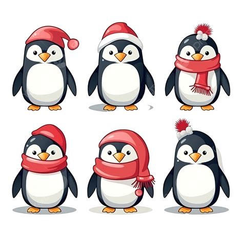 Christmas Cute Penguins Cartoon Characters Set Isolated On A White