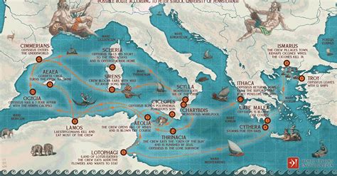 A Map Illustrating The Journey Home Of The Achean Warrior King Odysseus