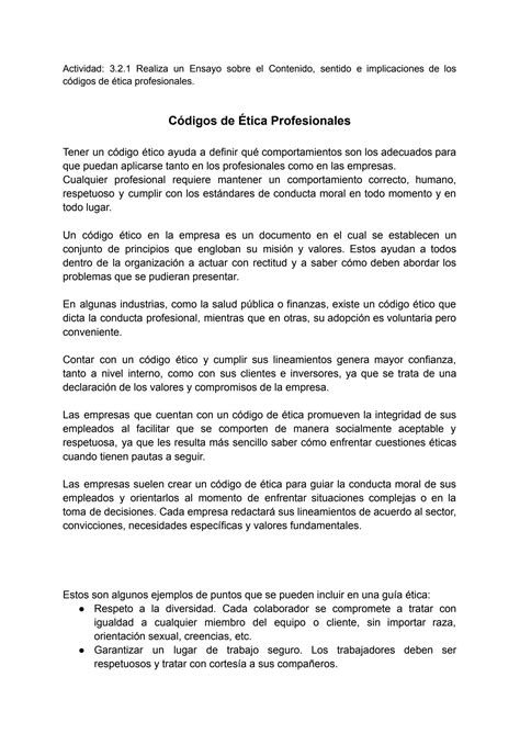 Solution Ensayo Sobre El C Digo De Tica Profesional Studypool