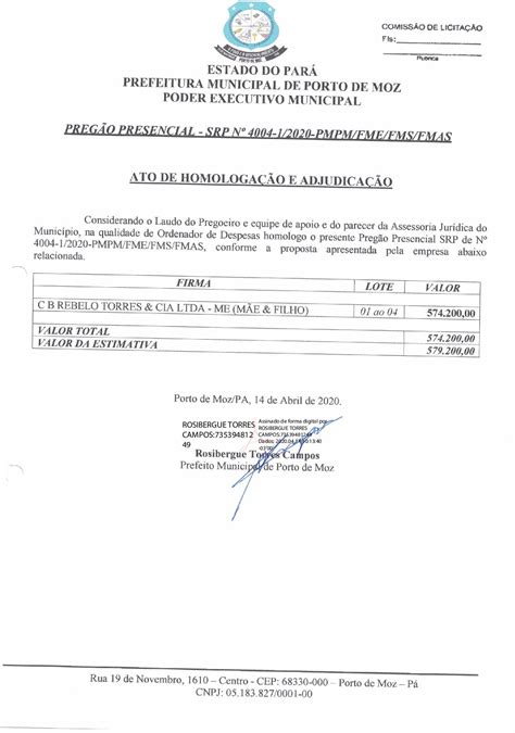 ATO DE HOMOLOGAÇÃO Prefeitura Municipal de Porto de Moz Gestão 2021