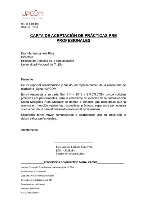 Carta De Aceptacion De Practicas Tel Trujillo Per