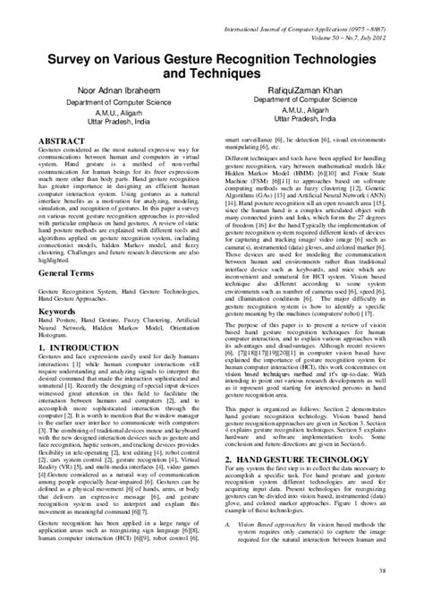 pdf survey on various gesture recognition technologies and techniques noor ibraheem