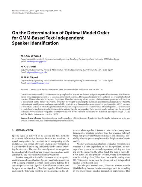 pdf on the determination of optimal model order for gmm based text independent speaker