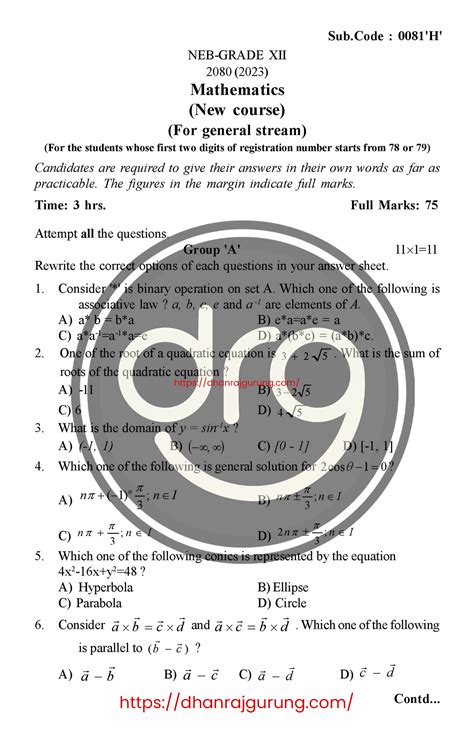 Mathematics NEB Class 12 Question Paper 2080 2023 General Stream