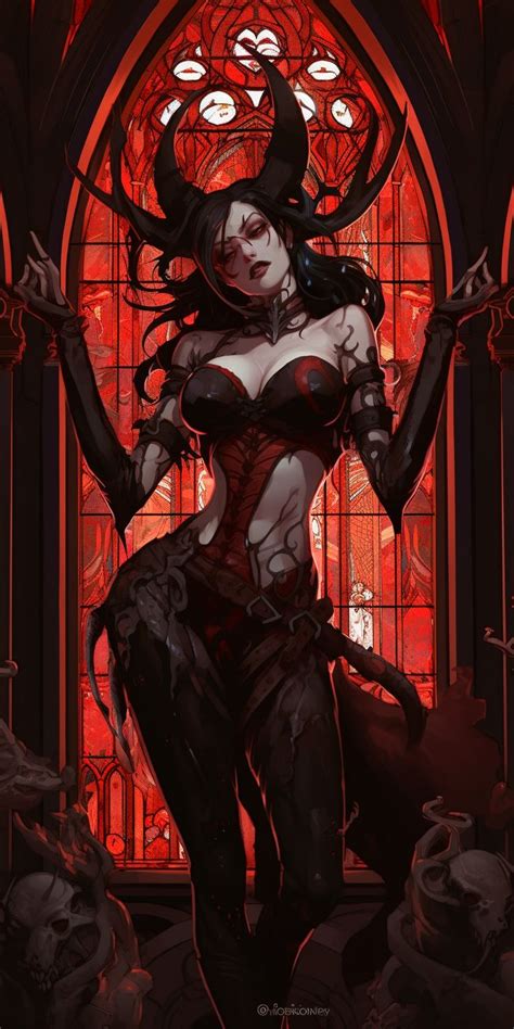 A Woman With Horns Standing In Front Of A Stained Glass Window