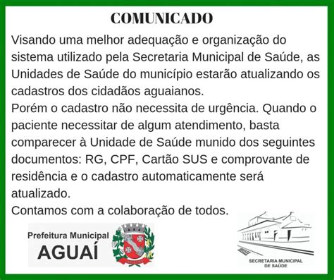 Comunicado Atualização dos cadastros Saúde Prefeitura Municipal de