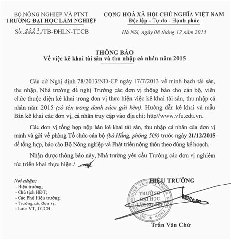 Thông báo Về việc kê khai tài sản và thu nhập cá nhân năm 2015 Trường