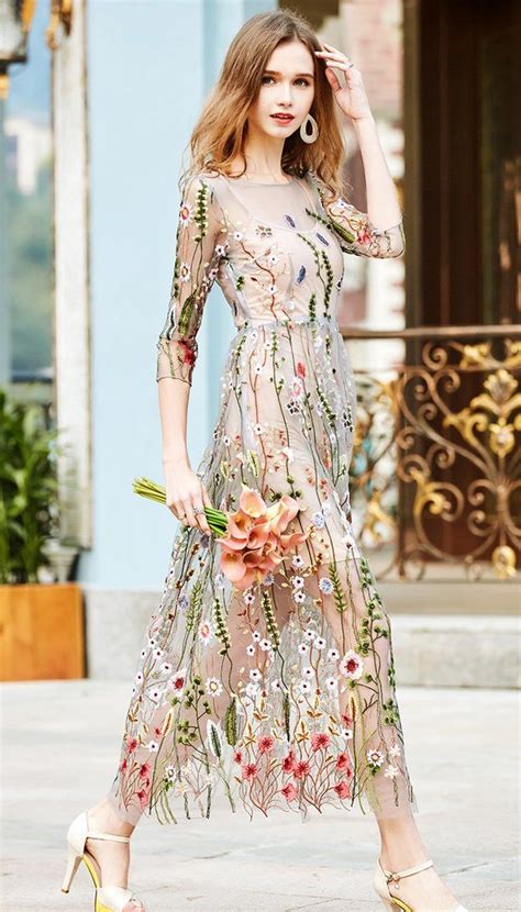 Half Sleeves Sheer Mesh Floral Print Long Dress Trendy Finery Embroidered Mesh Dress Floral