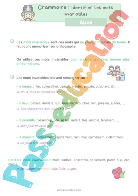 Identifier les mots invariables Leçon pour le ce1 PDF à imprimer