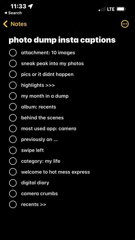 The Photo Dump Insta Captions Screen Is Shown In Black And Has White