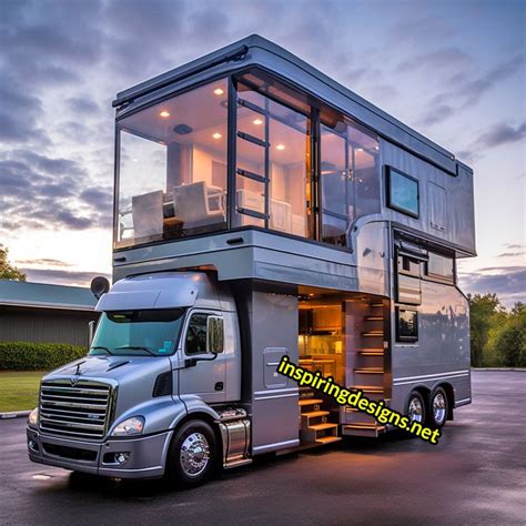 A Truck With A House On The Back Is Parked In A Parking Lot At Dusk