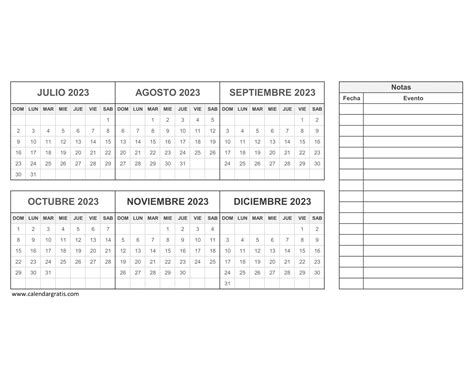Calendario Julio Agosto Septiembre Octubre Noviembre Diciembre 2023