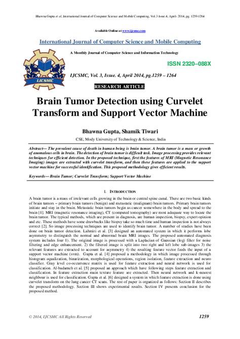 pdf brain tumor detection using curvelet transform and support vector machine ijcsmc journal