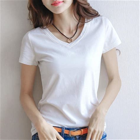 Kaufe Fr Hling Und Sommer Frauen Mode Einfarbig T Shirts V Ausschnitt