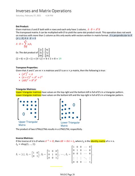 inverses and matrix operations dot product given matrices and both with rows and each only