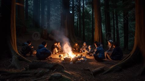 Fondo Grupo De Adolescentes Que Rodean Una Fogata En El Bosque Oscuro