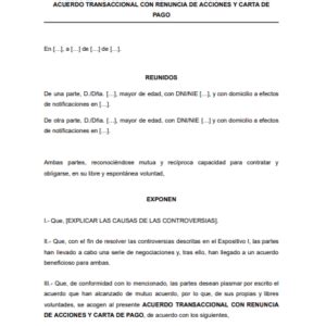 ᐅ Modelo Acuerdo Transaccional con Renuncia de Acciones y Carta de Pago