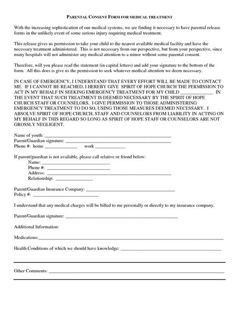 Parent Consent Form For Medical Treatment Free Printable Documents