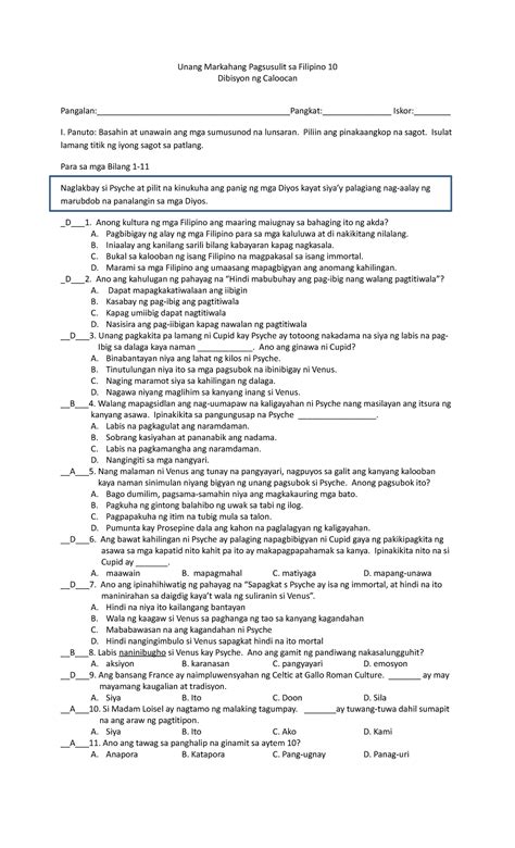 422349756 Fil 10 Unang Markahan Answer Key Docx Unang Markahang