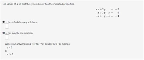 solved find values of a so that the system below has the