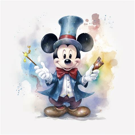 Watercolor Magician Micky Mouse Very Detailed Clipart Modern Style